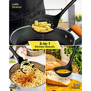 3 Pcs Silicone Kitchen Utensils Set, Soup Ladle-Pasta Fork-Slottede Spoon, Nonstick BPA Free High Heat Resistant Cooking Utensils for Mixing, Serving, Draining, Turning, Stirring