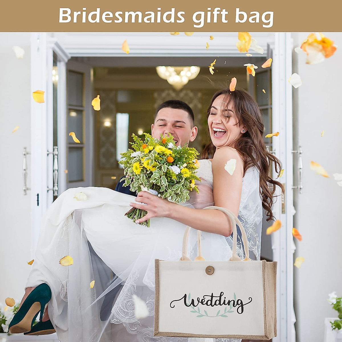 12 Pieces Jute Tote Bags Burlap Tote Beach Bags with Handles Reusable Waterproof Tote Shopping Bag Blank DIY Canvas Gift Bag Jute Travel Tote Bag for Beach Bridesmaid Wedding 14.57 x 10.24 x 6.69 Inch