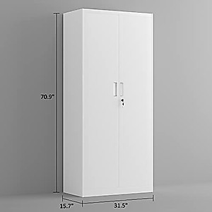 iJINGUR Metal Storage Cabinet with Locking Doors and Shelves for Garage Home Office, Lockable Tall Steel Storage Cabinets with Lock, Tool Holder and File Organizer Pocket Included (White)