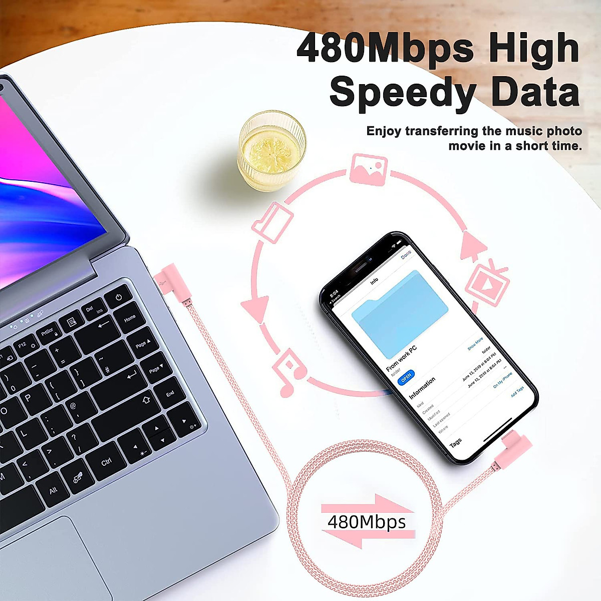 FOXSEA iPhone Charger 10FT, Right Angle Lightning Cable MFi Certified iPhone Charging Cord Nylon Braided Compatible with iPhone 14/13/12/11 Max/Pro Max/Mini/XS/XR/XS/X/8/7/iPad (Pink)