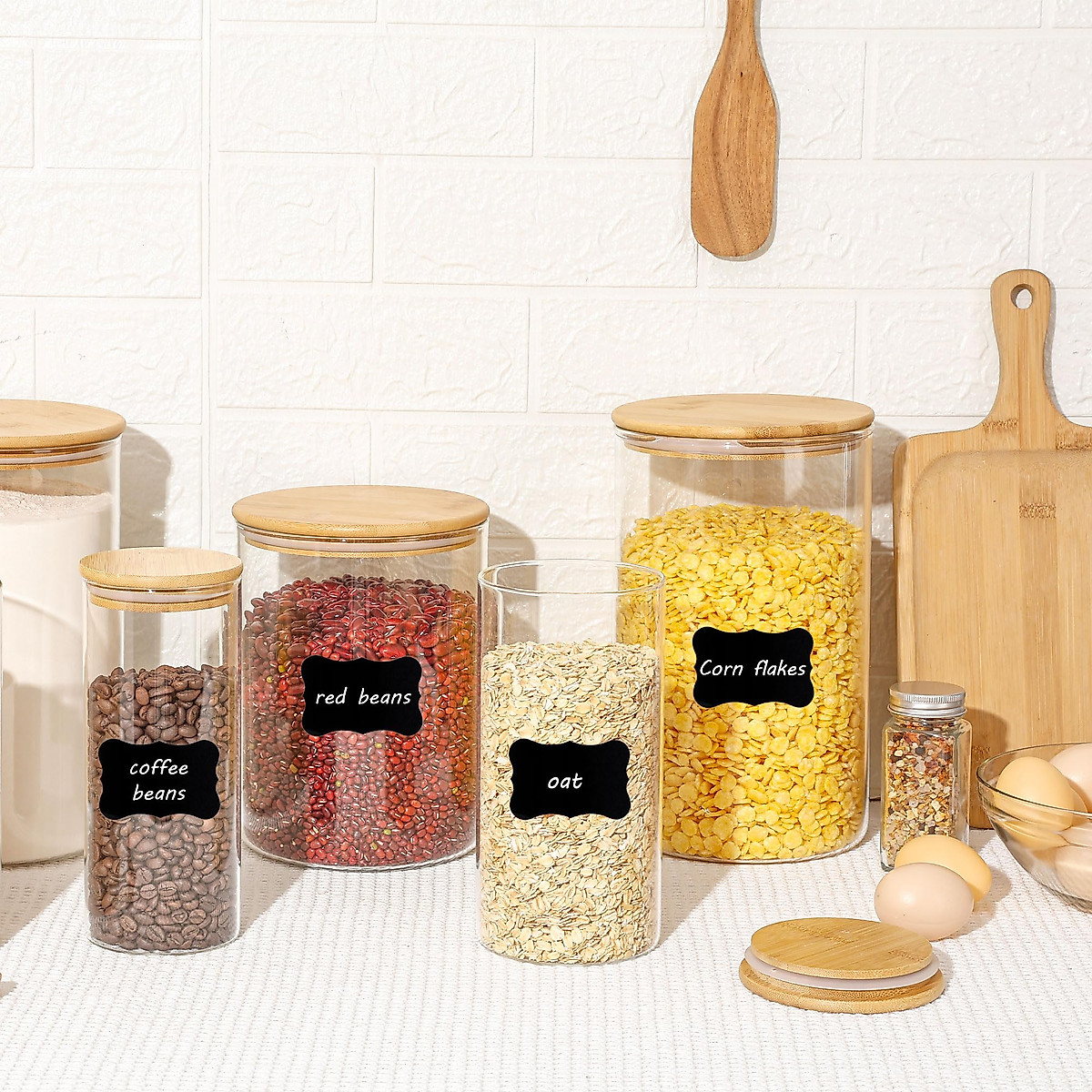 Vtopmart 138oz+51oz Glass Food Storage Jars, Glass Food Containers with Bamboo Wooden Lids for Flour and Sugar, Pasta, Cookies, Nuts, Cereal, Glass Canisters for Kitchen, Pantry Organization, BPA Free