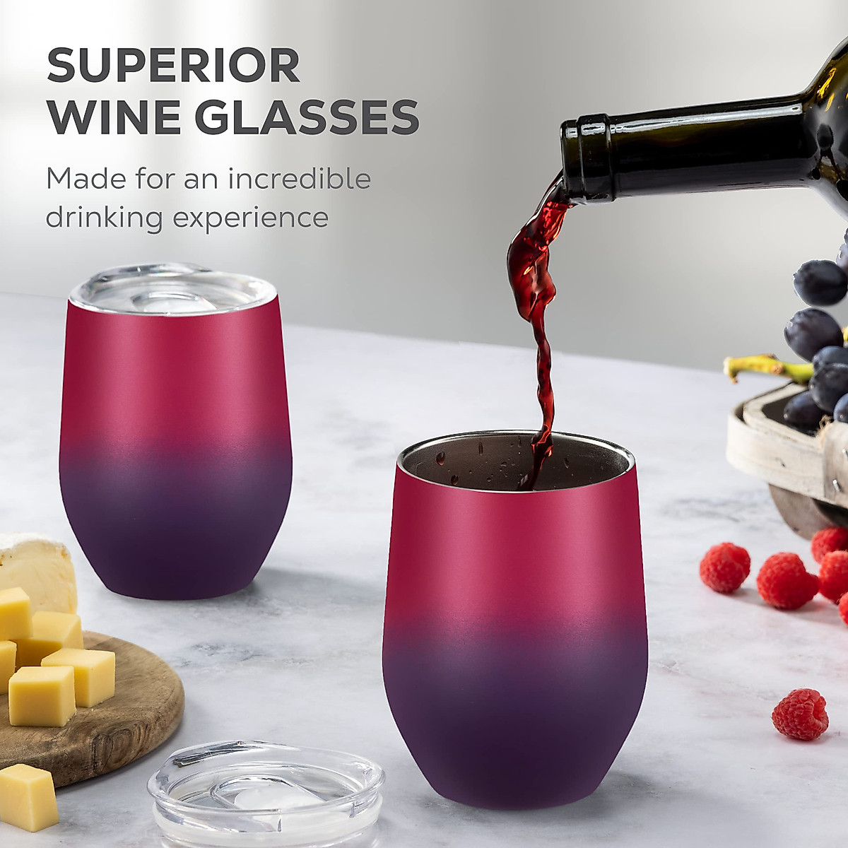 FineDine Triple Insulated Wine Tumbler With Lid (4 Pack) 12oz Stainless Steel Set- Tumblers Keep Drinks Hot & Cold for Outdoors, Beach, Picnics- Unbreakable Glasses With BPA Free Lids (Purple Print)