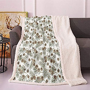 Pinecone Fleece Throw Blanket,Scenery Illustration of Hand Painted Pine Tree Branches and Sepia Cone Blanket Small Quilt,Warm Blanket(60x80,Brown Green)