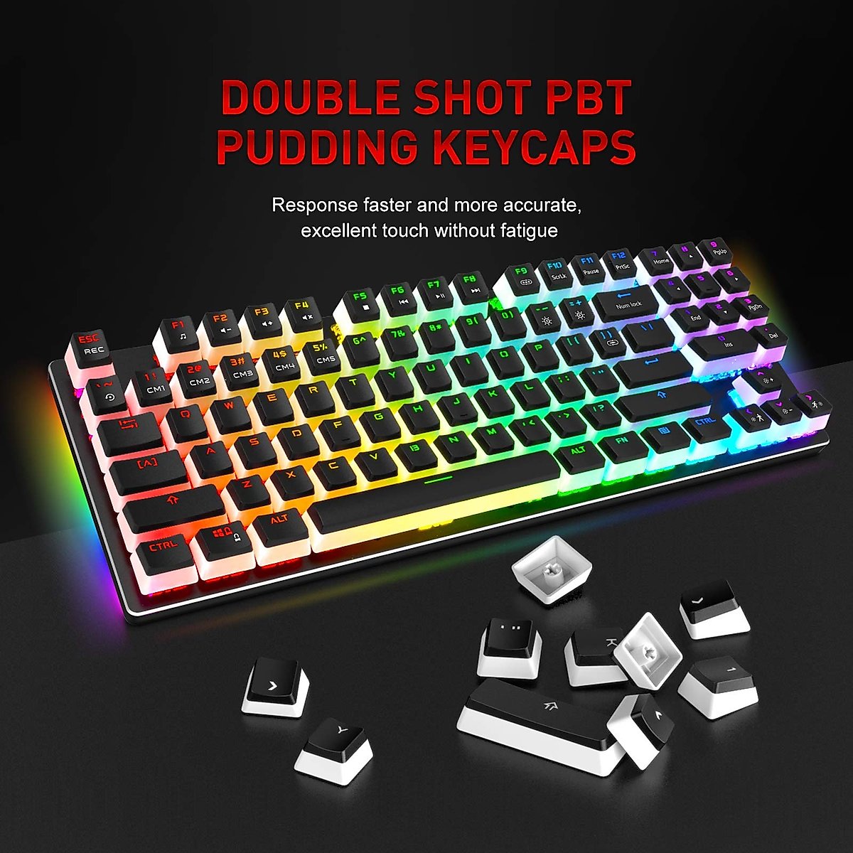 Havit Mechanical Gaming Keyboard with PBT Pudding Keycaps, 89 Keys RGB Backlit Wired USB Computer Keyboards with Blue Switches & Surround Lighting for Desktop PC Gamer (Renewed)