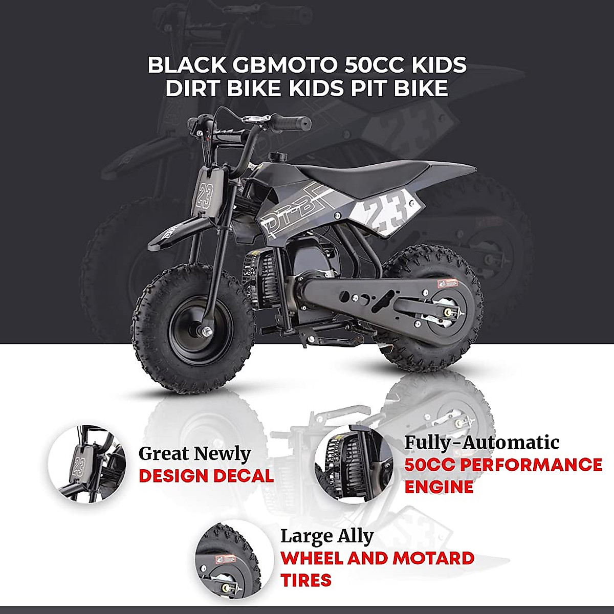 GBmoto Black 50cc Kids Pit Bike, 2-Stroke Gas Dirt Bike
