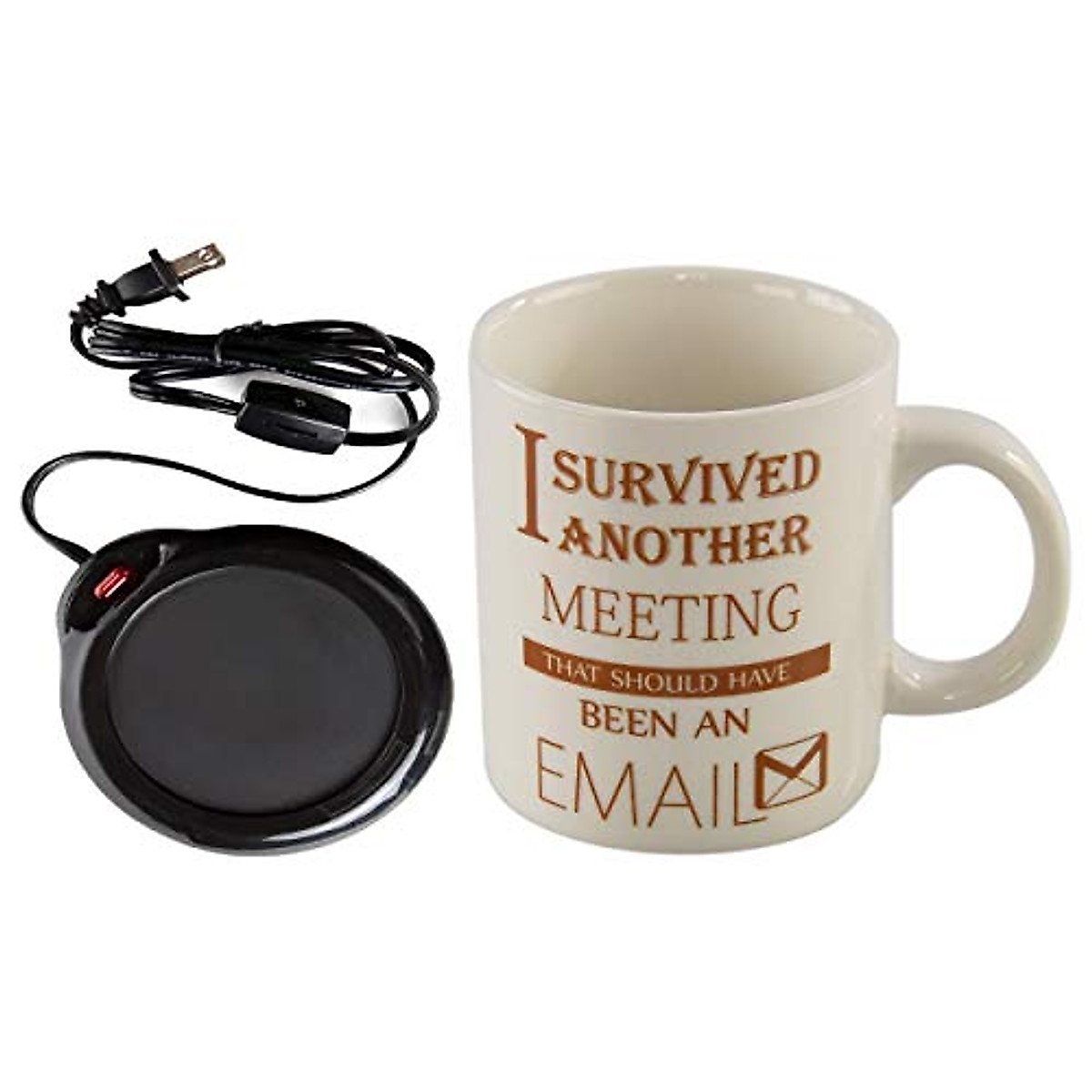 Home-X Mug Warmer, Desktop Heated Coffee & Tea - Candle & Wax Warmer (Black) and I Survived Another Meeting Coffee Mug 6.57 x 6.18 x 5.67”