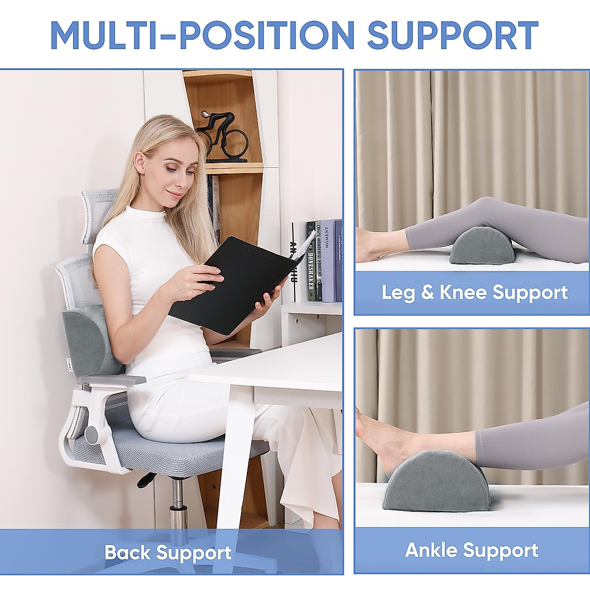 Forias Knee Pillow for Back Sleeping, Memory Foam Leg Pillow for Side Sleeping Bolster Pillow for Legs Elevation Half Moon Leg Elevation Pillow for Knee Lumbar Support, Ankle Rest and Foot Comfort