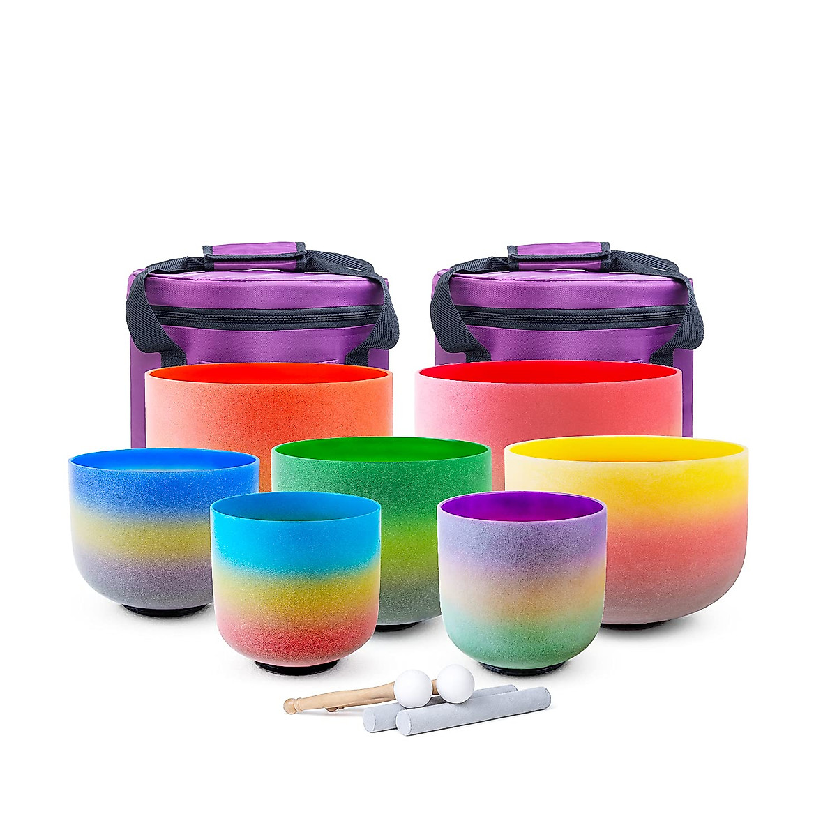 KVKA 432hz 7-12 inch Crystal Singing Bowls Set of 7 pcs Quartz Frosted Singing Bowls For Sound Healing with 2 PCS Travel Carry Case Bag (7-12inch, Rainbow)