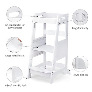 TOETOL Bamboo Toddler Kitchen Step Stool White Helper Standing Tower Height Adjustable with Anti-Slip Protection for Kids Kitchen Counter Learning