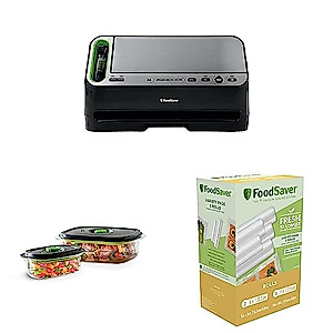 FoodSaver V4400 2-in-1 Vacuum Sealer Machine, Black and Silver & 2116382 Preserve & Marinate Vacuum, Clear (Count-2) & Vacuum Sealer Bags, 8" (2 Pack) and 11" (3 Pack) Multipack