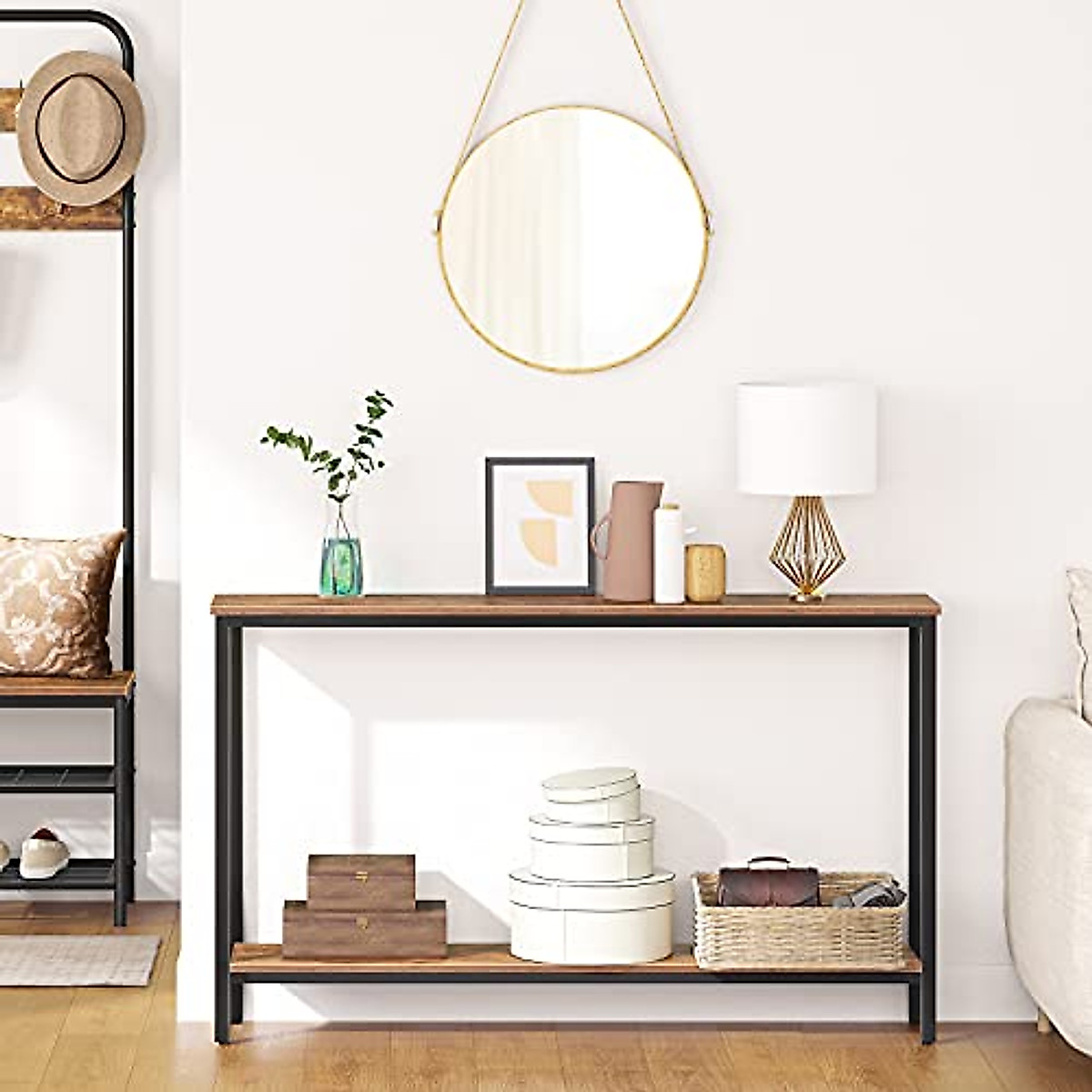 HOOBRO Console Table, 47.2" Narrow Entryway Table, Industrial Sofa Table with Shelf, Entrance Table for Living Room, Hallway, Foyer, Corridor, Office, Wood Look Accent, Rustic Brown and Black BF20XG01