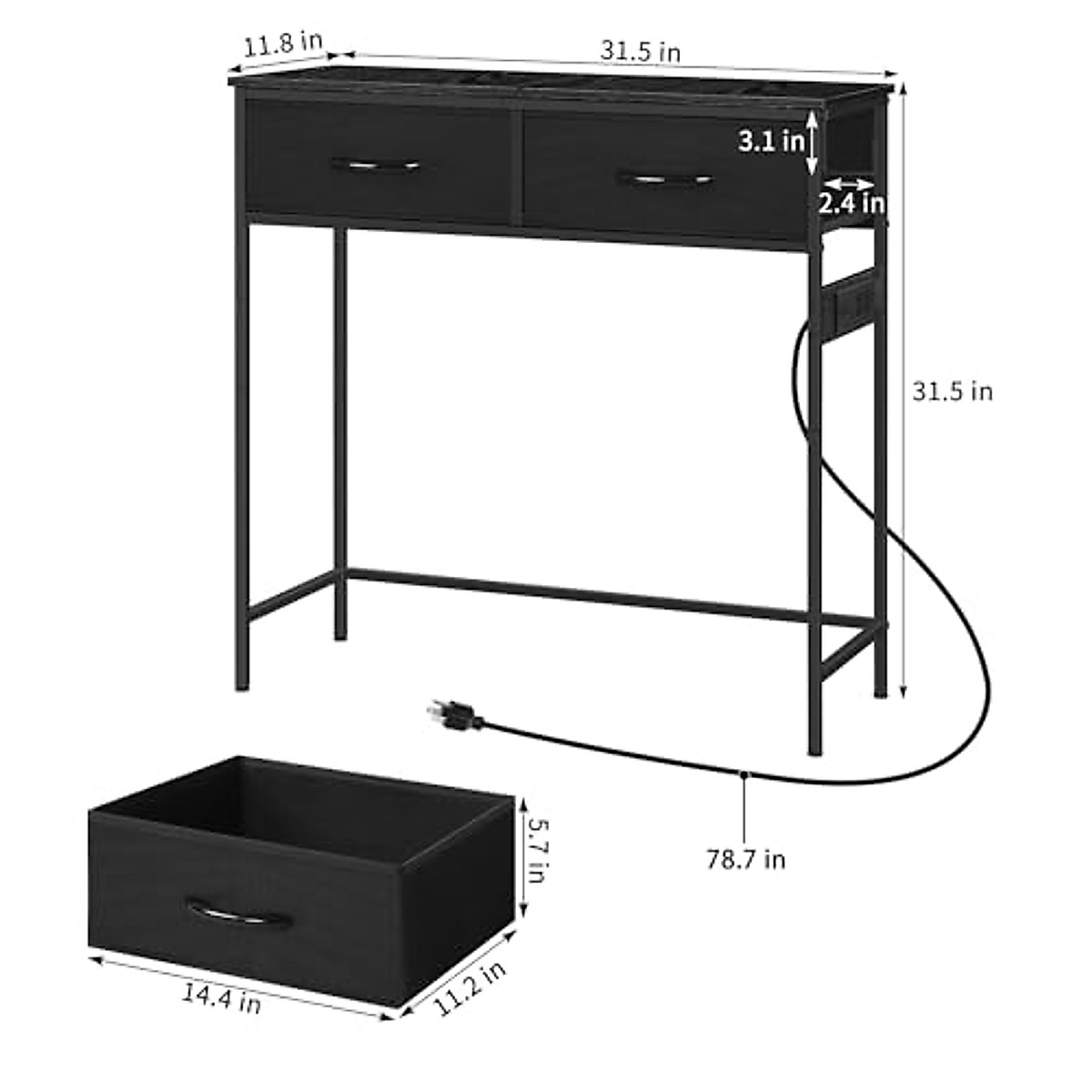 Narrow Console Table with Drawers Black Entryway Table with Storage Shelves Behind Sofa Table with Outlet for Living Room Bedroom Couch Hallway, Black