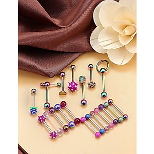 Leiainely Tongue Rings Piercing Jewelry for Women Men Work 14g 14 Gauge Cute Green Surgical Stainless Steel Metal Rainbow Clear Plastic Acrylic Diamond para La Lengua Aretes Tounge Barbell Balls Set