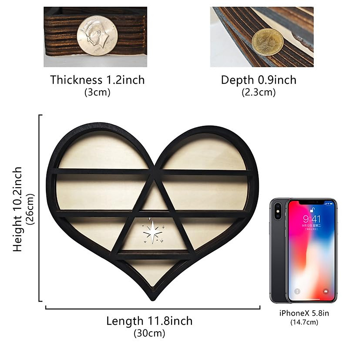 FNYDOX Wooden Heart Shape Crystal Display Shelf, Rock Holder Witchy Home Decor Gem Storage Wall Art Boho Organizer Gothic Wood Hanging Floating Shelf, Mothers Day Birthday Valentines Day Gift