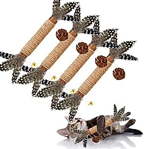 GREMBEB Cat Toys, 4 Pack Silvervine Cat Feather Toy Kitten Chew Stick Catnip Treat with Bell for Cleaning Teeth Indoor Kitty Teaser Wand Molar Snack for Interactive Pet Rabbit Bunny Hamster