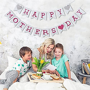 ABOOFAN Happy Mothers Day Banner Mothers Day Bunting Garland with Glitter Hearts Design for Mother’s Day Party Decoration Supplies