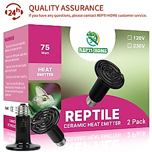 REPTI HOME 75W Ceramic Heat Emitter (2 Pack), Reptile Heat Lamp Bulbs, Ceramic Heater for Amphibian, Pet Brooder Coop, Chicken, Dog, Cat