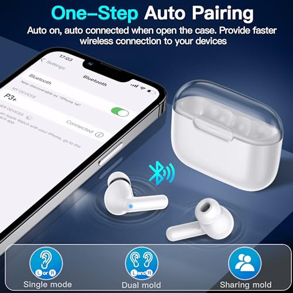 kurdene P3 Wireless Earbuds Bluetooth 5.3 Headphones, Deep Bass Stereo with Microphone Earphones in-Ear, Immersive Premium Sound Ear Buds for iPhone, Android-Clear