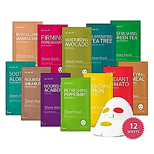GLAM UP - Sheet mask Facial Sheet Mask 12 Combo (Pack of 12) & Moisturizing Avocado Clay Mask - Face Masks Skincare, Hydrating Face Masks, Moisturizing, Brightening and Soothing, Beauty