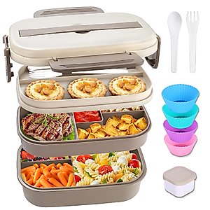 Bento Box Adult Lunch Box, Stackable Bento Lunch Container for Adults Kids, 3 Layer Portable Lunch Containers with Utensils, Sauce Jar, Muffin Liners, 63oz, Microwave & Dishwasher Safe, Brown