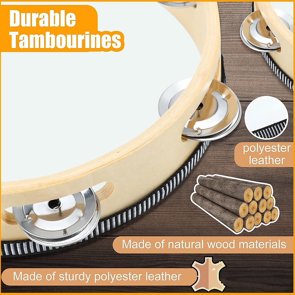 Reginary 8 Pcs Tambourine for Adults Handheld Wood Tambourine 4 Size Single Row Metal Jingles Tambourine Musical Educational Tambourine Gift Rhythm Percussion Instrument for Church Party KTV (Natural)