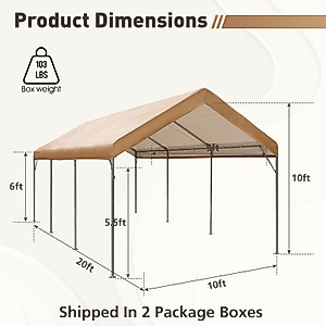 GREEN PARTY Carport, 10’ X 20’ Heavy Duty Car Canopy with Powder-Coated Steel Frame, Portable Car Canopy Party Tent Garage Boat Shelter with Sand Bag, Waterproof & UV Protected Tarp, 8 Legs, Beige