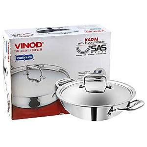 Vinod Platinum Triply Stainless Steel Kadai with Lid: Diameter- 22 cm, Capacity 1.8 Liter (1.9 Quarts)