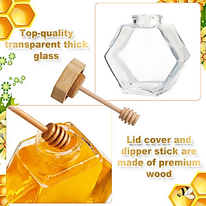 Sunnyray 8 Pcs 220 ml Glass Honey Jars with Dipper Hexagonal Honey Pot Jars Clear Glass Honey Dispenser Small Honey Containers Honey Bottle with Wooden Dipper and Cork Lid for Home Storage Kitchen