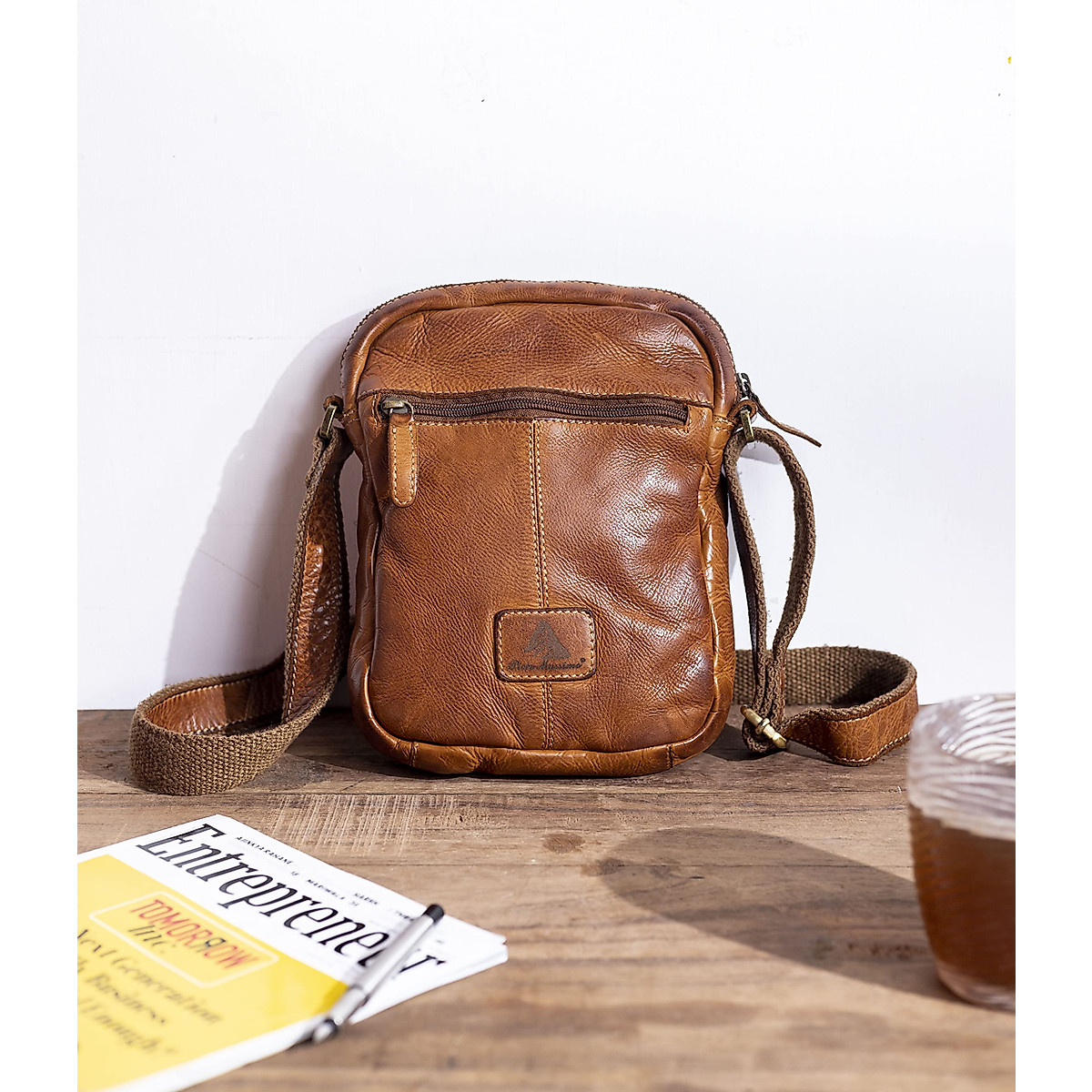 PICCO MASSIMO Premium quality leather made Cross Body Bags for men and women |Spacious Separate Compartments With Zipper and Adjustable straps (TAN Colour)