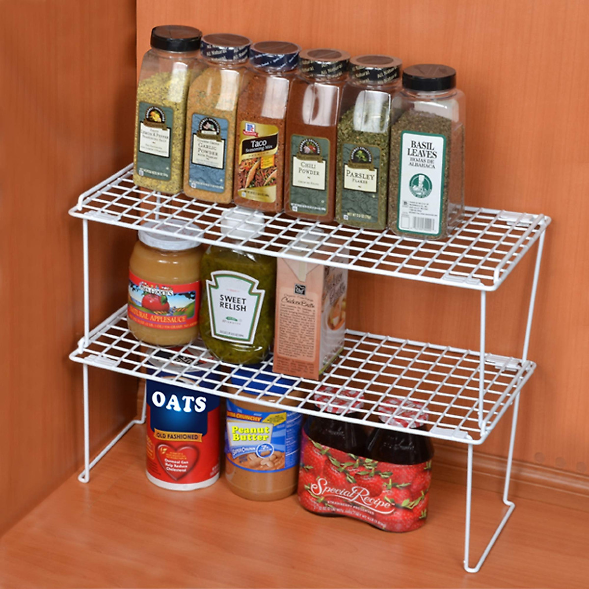 Smart Design Stacking Cabinet Shelf Rack - Extra Large 22 x 10 Inch - Steel Metal Wire - Cupboard, Plate, Dish, Counter and Pantry Organizer - Kitchen - White