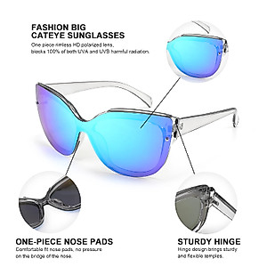 FEISEDY Cat Eye Sunglasses Polarized for Women Men，Rimless Mirrored Sunglasses, Oversized, Trendy Retro Sun Glasses B2796 Transparent Grey/Blue Mirror