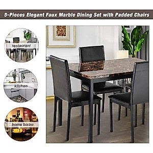 MOEO Furniture 5 Piece Kitchen and Dining Table Set for 4, Faux Marble Top Diningtable with 4 PU Leather Chairs, Breakfast Nook, Bar, Living Room, Black 2