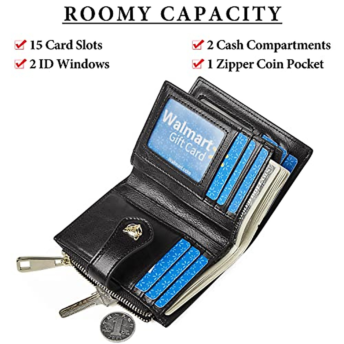 FOXLOVER Small Leather Wallets for Women Ladies RFID Blocking Bifold Zipper Pocket Wallets with ID Window (Black)