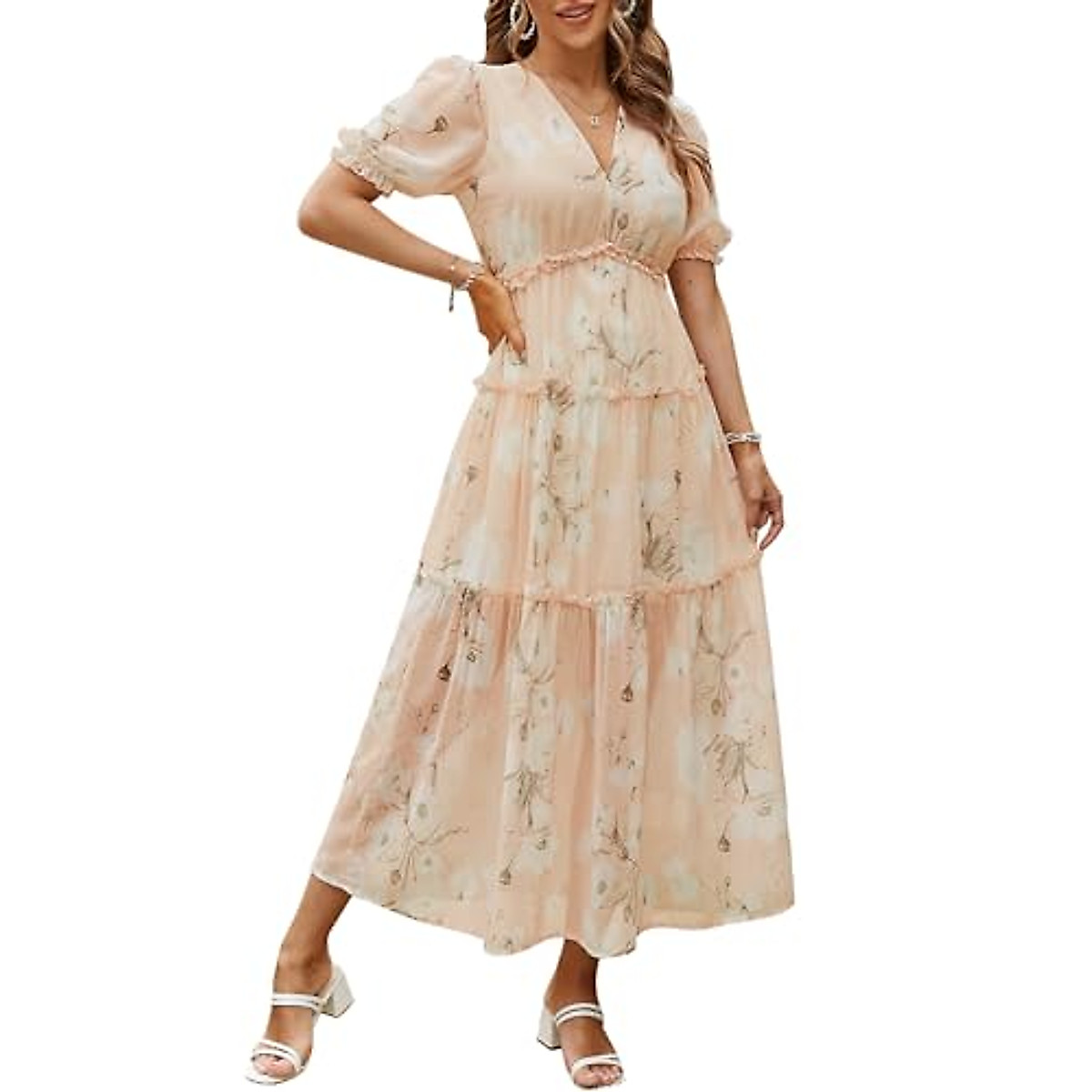 Amegoya Women's Beach Maxi Dress Summer Short Sleeve Lace Ruffle V Neck Long Dress Floral Print A Line Dress（M Pink）