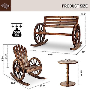 FURNDOOR 5 PCS Outdoor Rocking Chair Conversation Set, Wagon Wheel Rocking Chairs with Side Table, Patio Rocker Chair Wood Patio Bistro Set for Porch Bench, Rustic