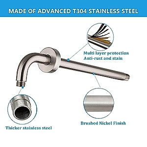 Lordear Shower Arm 16 Inch Shower Extension Arm Brushed Nickel T304 Stainless Steel Long Shower Head Extension Tube, Shower Extender Arm with Flange, Shower Head Pipe