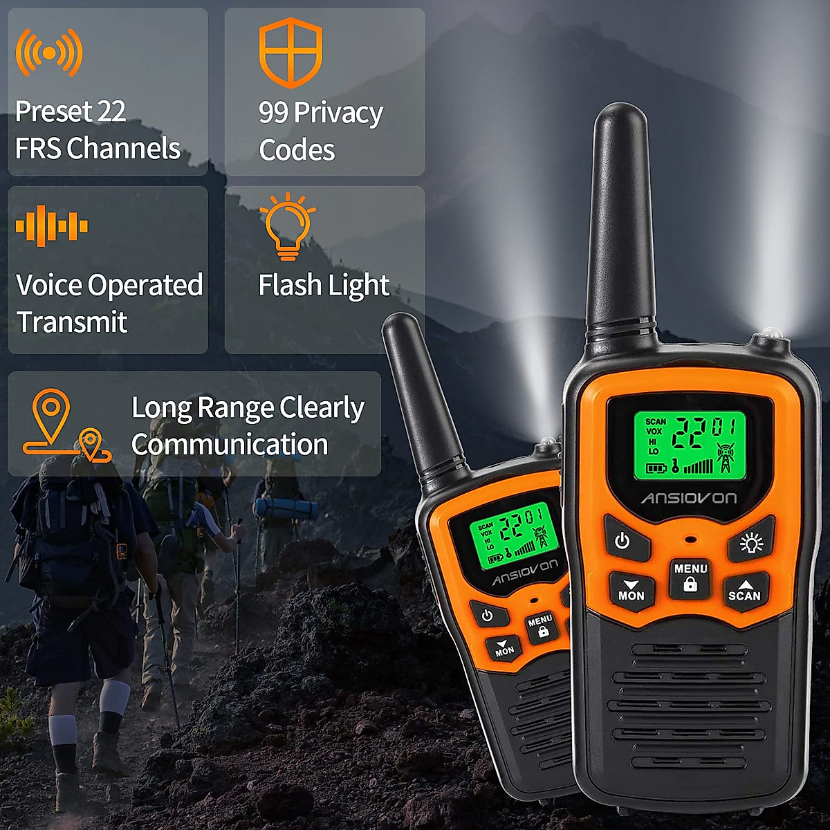 Walkie Talkies for Adults, ANSIOVON Long Range Walkie Talkies, Portable Radios Walky Talky with 22 Channels LCD Display, Handheld Walkie Talkie for Outdoor(4 Pack)