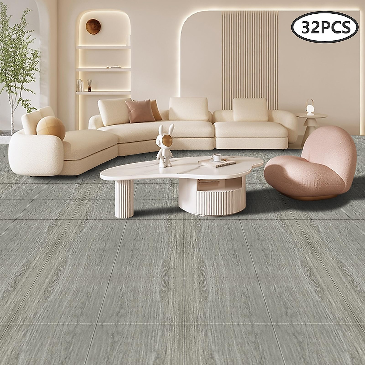 LOHISHIL 32PCS 12 * 12in Stick Floor Tile White Floor Tiles Self, Adhesive Wall Tiles Peel and Stick Floor Tiles Bathroom Floor Stickers for Kitchen, Bedroom, Hallways, Garages, Lobbies(Grey)