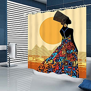 4PCS African American Woman Shower Curtain Set for Bathroom with Rugs and Accessories Sets Include Black Girl Bathroom Shower Curtain Set & 3 Non-Slip Bath Mat (Yellow)