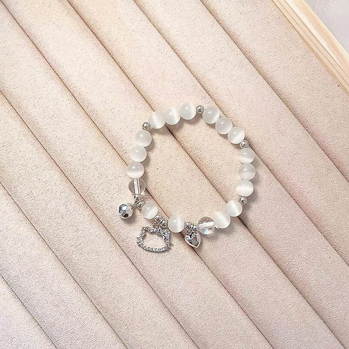 Kawaii Kitty Bracelet Y2k Gyaru Cute Moonstone Cat Friendship Bracelets Elastic Beaded BFF Bracelets for Women (1PC)