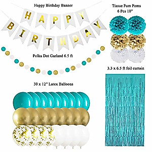ANSOMO Teal Blue and Gold Happy Birthday Party Decorations Banner Turquoise Aqua Foil Fringe Curtain Tissue Pom Poms Balloons