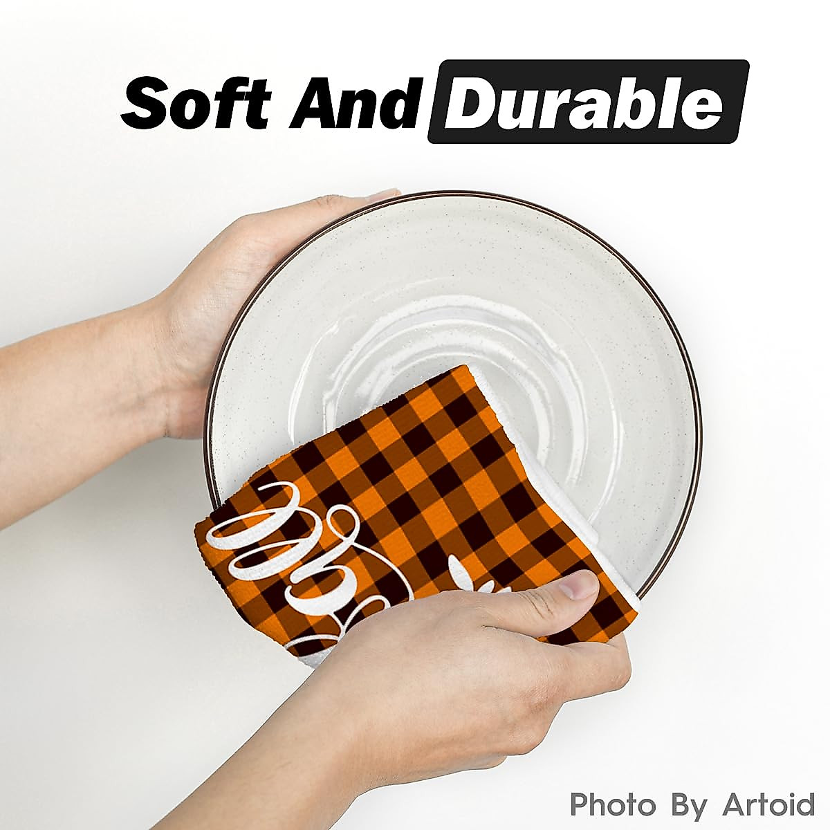 Artoid Mode Buffalo Plaid Pumpkin Hello Fall Kitchen Towels Dish Towels, 18x26 Inch Eucalyptus Leaves Decoration Hand Towels Set of 2