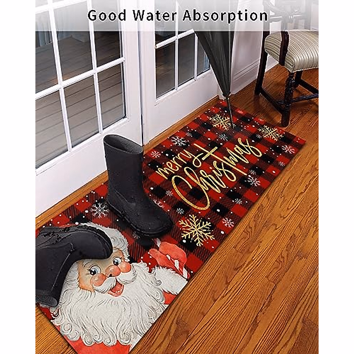 Floor Mat Kitchen Rug Santa Claus Merry Christmas Winter Snow Washable Doormat Non Slip Bathroom Rugs,Red Black Buffalo Plaid Absorbent Carpet for Bedroom Laundry Living Room Sink 18x60in