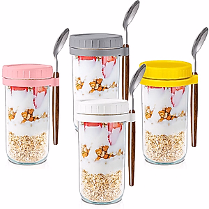 YehTrum Overnight Oats Containers with Lids and Spoon, 4 Packs 22 oz Glass Mason Jars for Overnight Oats, Large Capacity Oatmeal Container Mason Overnight Oats Jars for Milk, Cereal, Fruit
