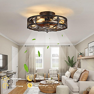 MeZeYo 20" Caged Farmhouse Flush Mount Ceiling Fan with Light and Remote Control Bladeless Low Profile Ceiling Fans with Lights Enclosed Vintage Fan 6 Speed Reversible for Kitchen, Bedroom