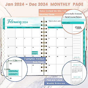 2024 Planner - Planner 2024, Jan. 2024 - Dec. 2024, 6.3" x 8.4", 2024 Planner Weekly and Monthly with Marked Tabs + Thick Paper + Contacts + Calendars + Holidays + Twin-Wire Binding - Purple Gilt