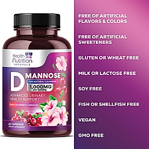 D-Mannose & Cranberry Extract 1350mg Advanced Formula, Fast-Acting Natural Urinary Tract Health Support for Women & Men, Flush Impurities in Urinary Tract & Bladder, Non-GMO, Vegan - 60 Capsules