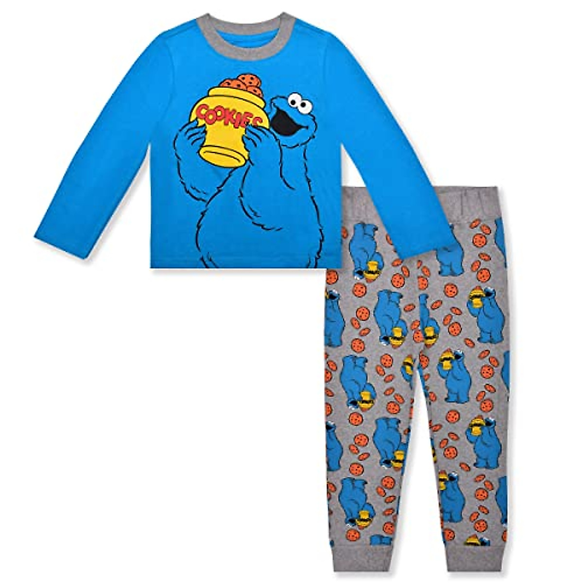 Sesame Street Cookie Monster Boys’ Long Sleeve Shirt and Jogger Set for Infant and Toddler – Blue/Grey