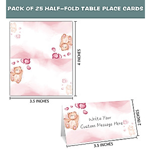 Table Place Card for Baby Shower, 25 Pcs Tent Cards Set with Blush Pink Bear Ballon Design, Editable Name Cards for Table Seating, Party Food Lables, We Can Bearly Wait Baby Shower Decorations(01)