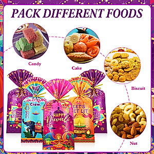 HOWAF 100pcs Happy Diwali Cellophane Bags, Diwali Candy Bags with Twist Ties for Festival of Lights Party Favor Supplies, Indian Deepavali Goodie Bags Elephants Gift Wrapping Bags, 4 Design